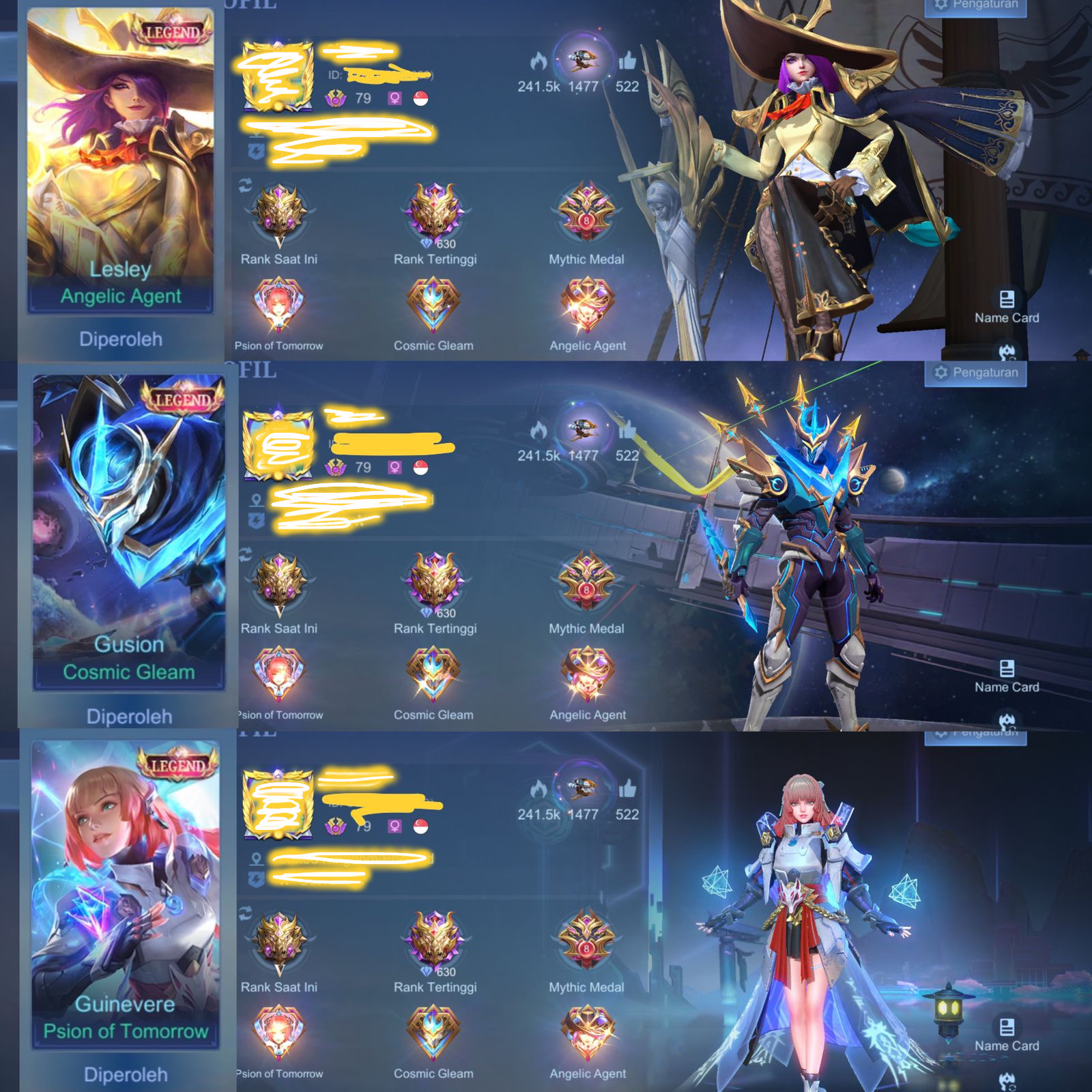 SOLD - 3 Skin Legend Guin,Lesley,Gusion, 256 Skin,21 Epic,Kof ...