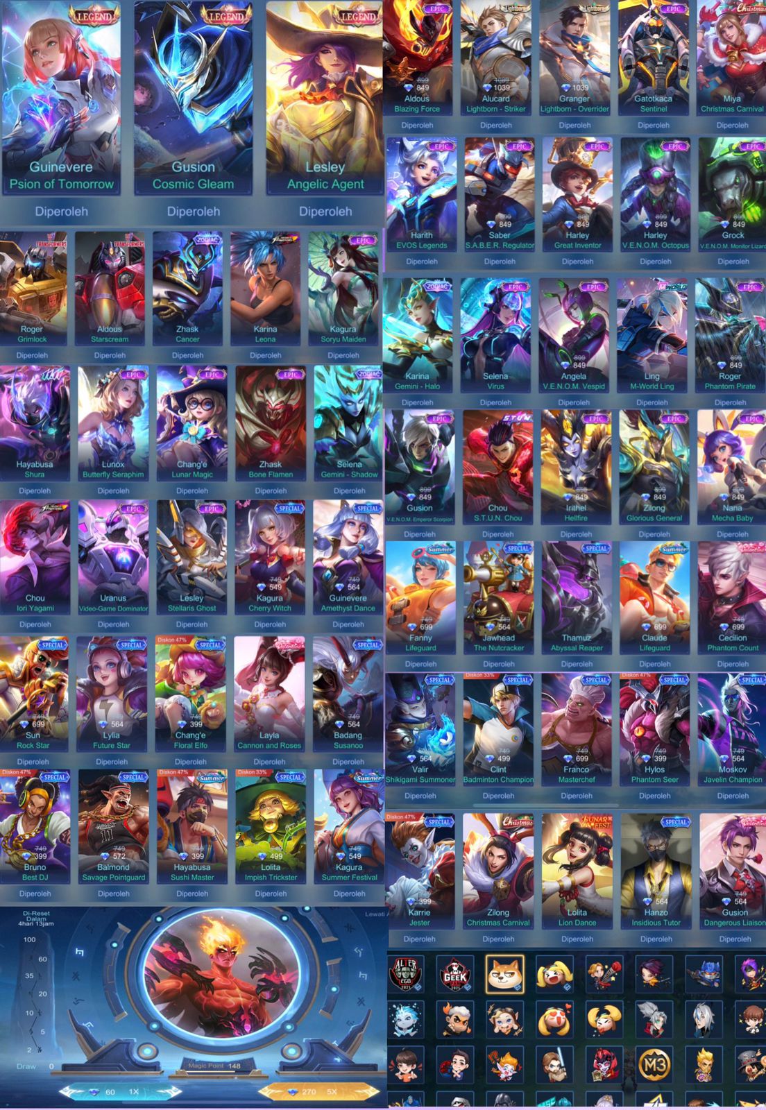 SOLD - 3 Skin Legend Guin,Lesley,Gusion, 256 Skin,21 Epic,Kof ...