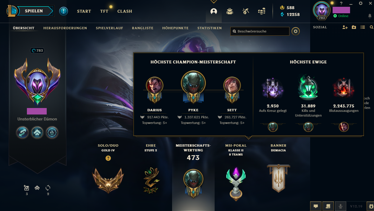 Level 783 !!! 1.300.000 Pyke + mythic ashen knight skin + more skins ...