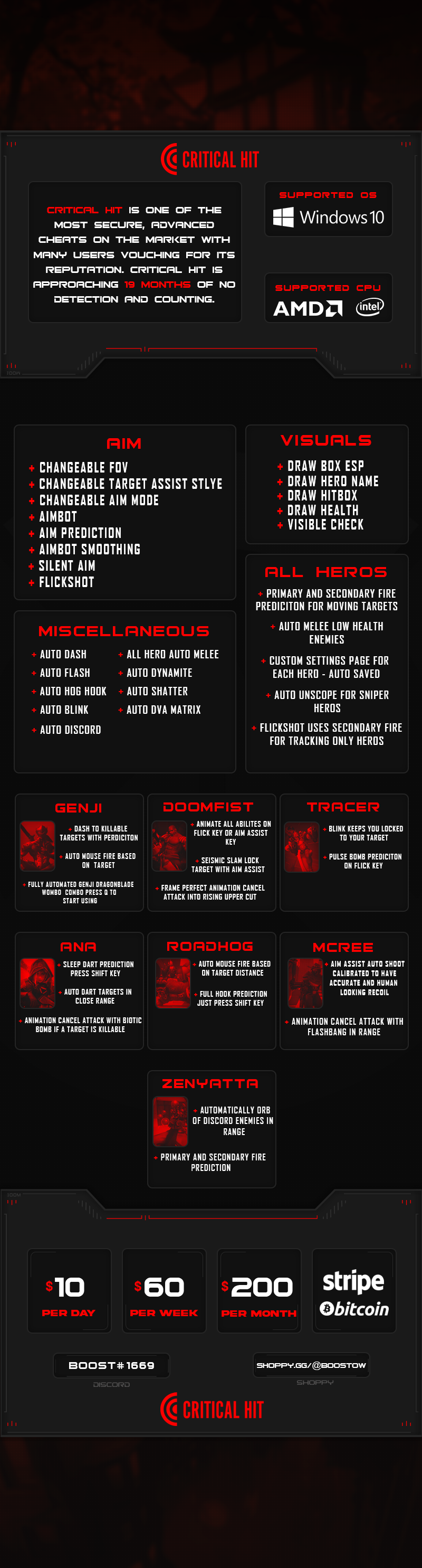 Selling - Overwatch Hacks 🔥Critical Hit 🔥 Powerful Features Streamproof ...